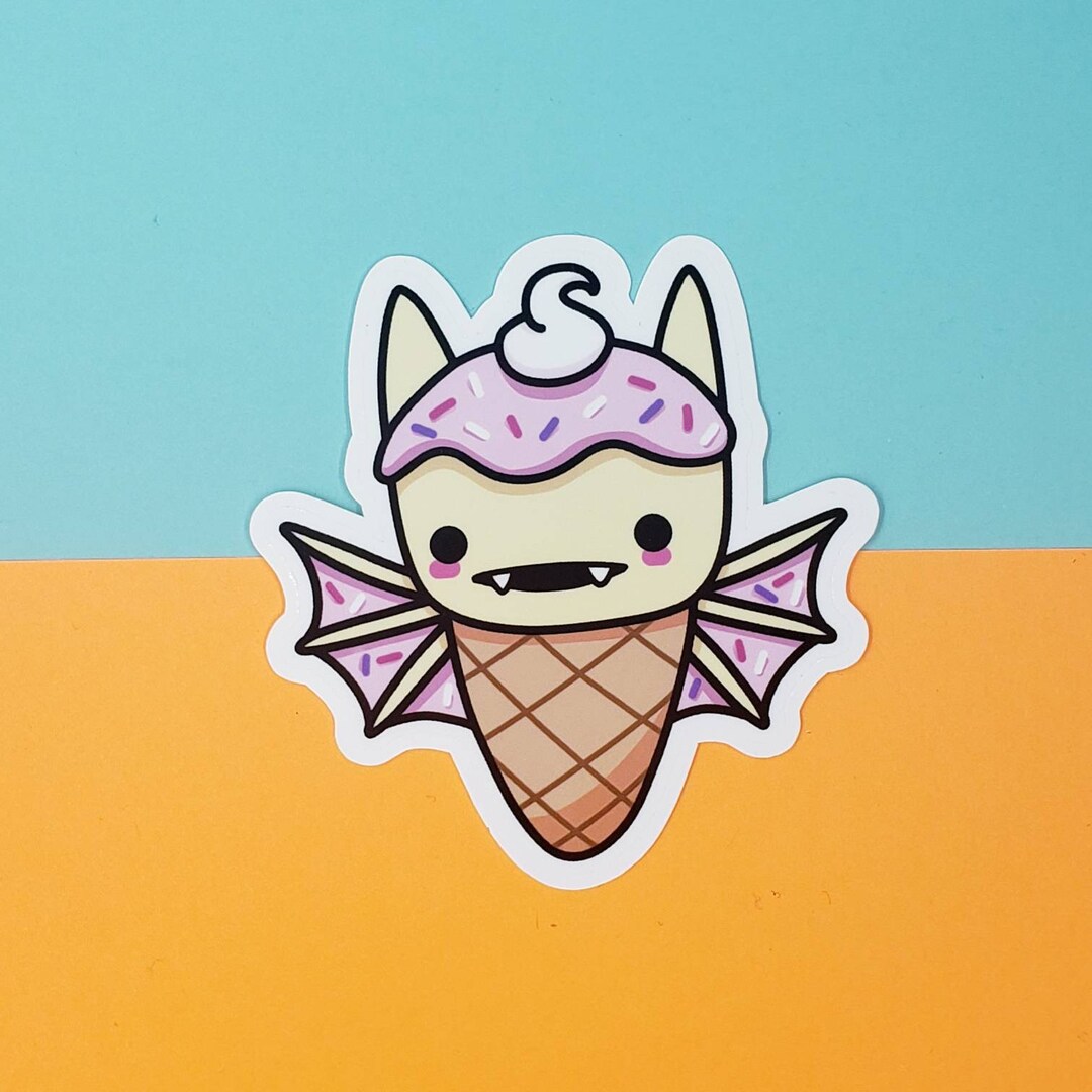 Ice Cream Bat Cute Sticker Waterproof Laminated Kawaii Glossy Sticker ...