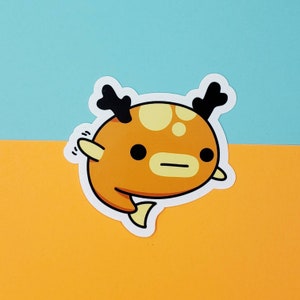 Waving Deerfish Cute Sticker - Waterproof Laminated Kawaii Glossy ...