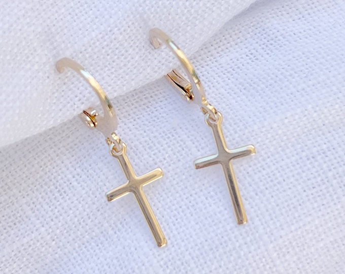 Gold Cross Hoops, Dangle Cross Earrings, Minimalist Earrings, Cross ...
