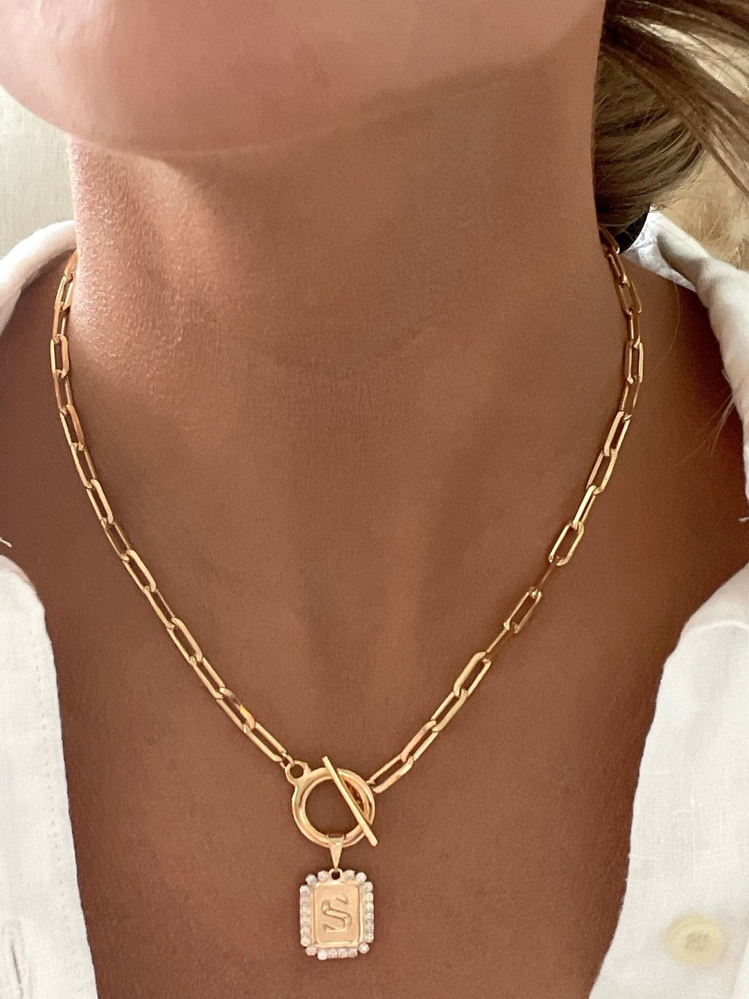 18k Gold Filled Paperclip Necklace With Toggle, Initial Necklace ...