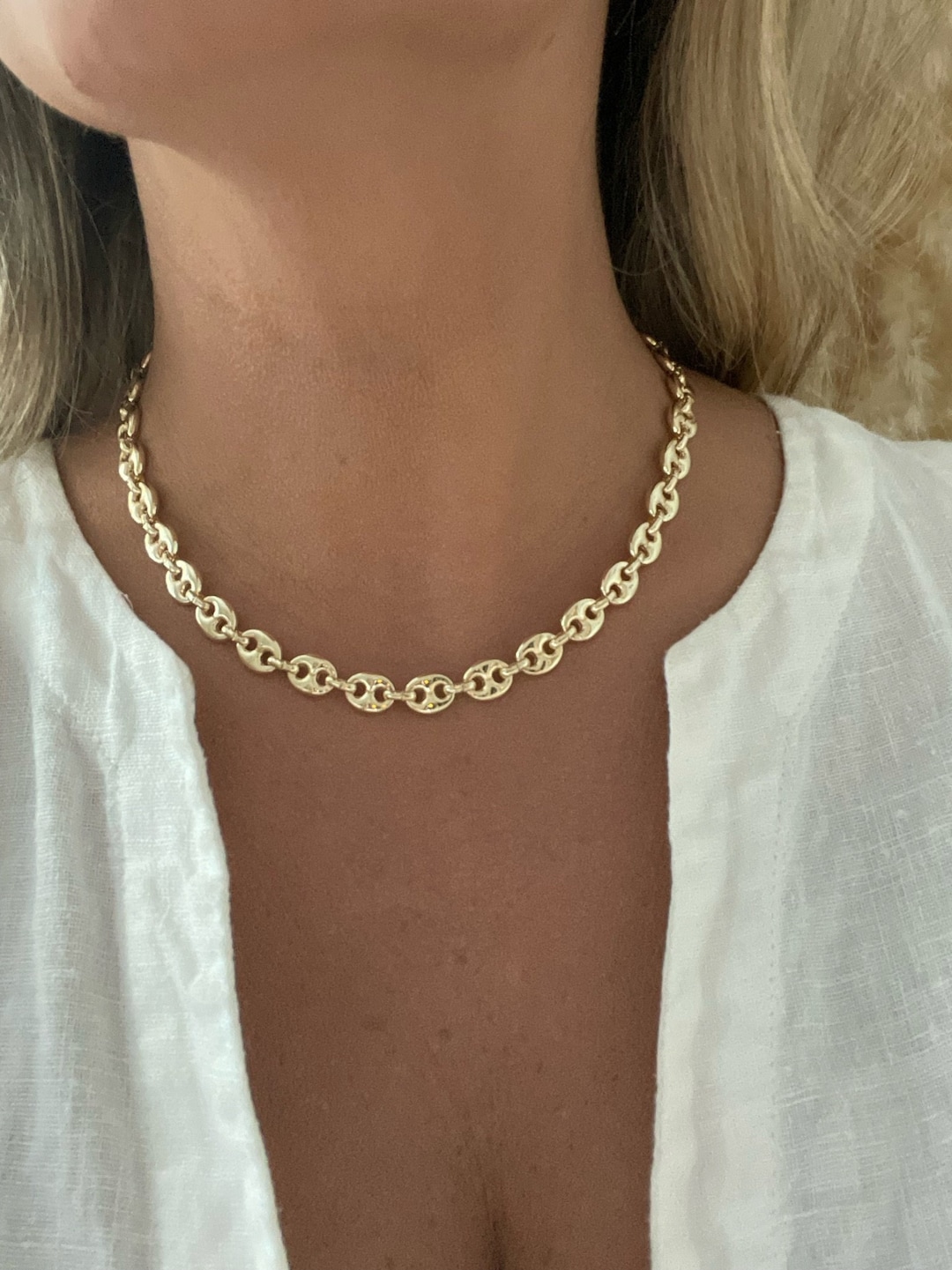 Puffed Mariner Link Chain Necklace, Gold Chain, Gold Puff Chain, Gold ...