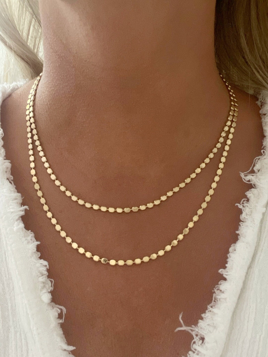 18k Gold Filled Chain Necklace, Flat Bead Chain, Gold Bead Chain ...