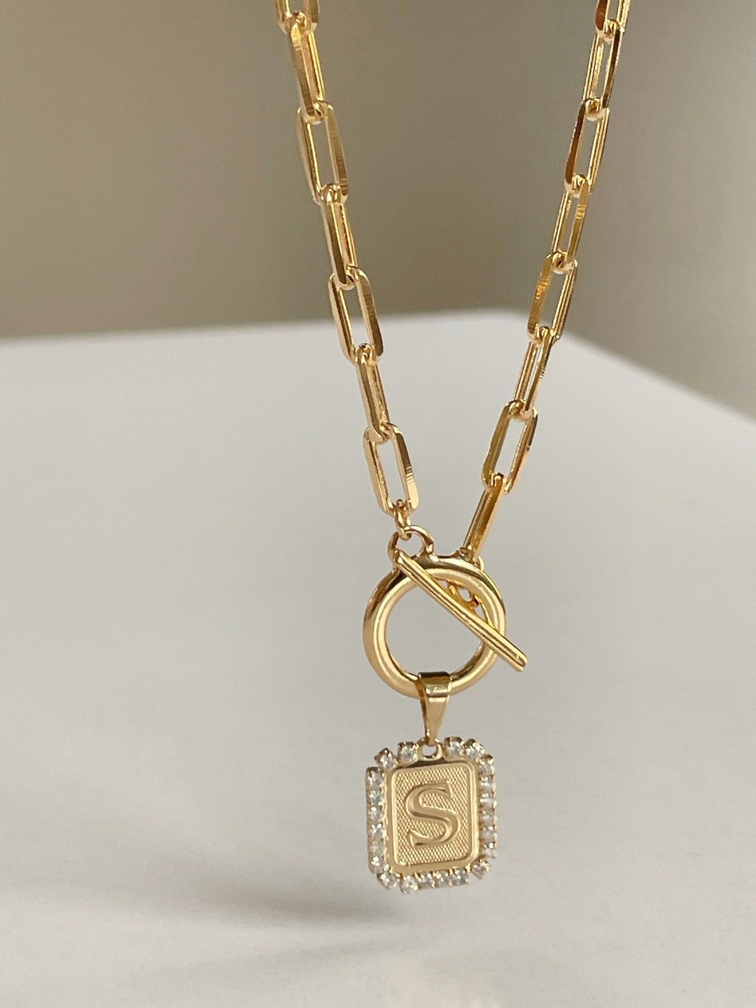 18k Gold Filled Paperclip Necklace With Toggle, Initial Necklace ...