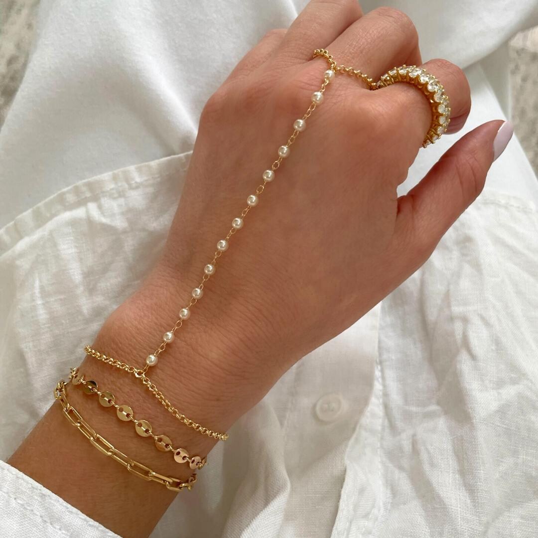 Pearl Hand Chain, Beaded Hand Jewelry and Chain Ring, Minimalist ...