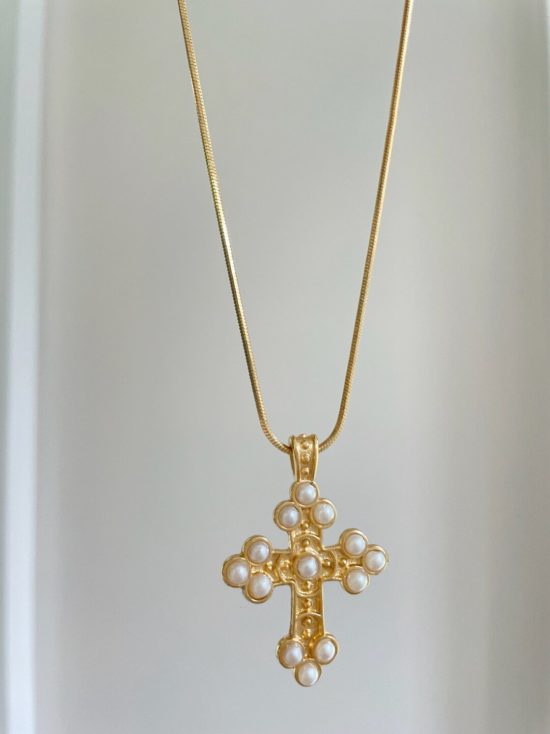 18k Gold Cross Necklace, Pearl and Gold Dainty Cross Necklace, Gift ...