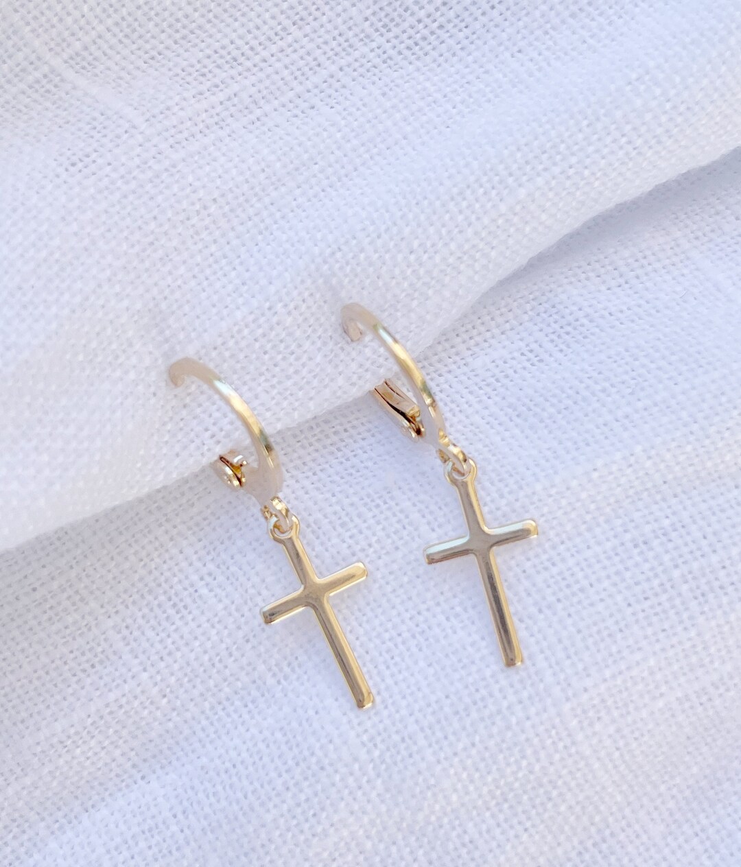 18K Gold Cross Earrings, Gold Filled Simple Cross Huggie Earrings ...