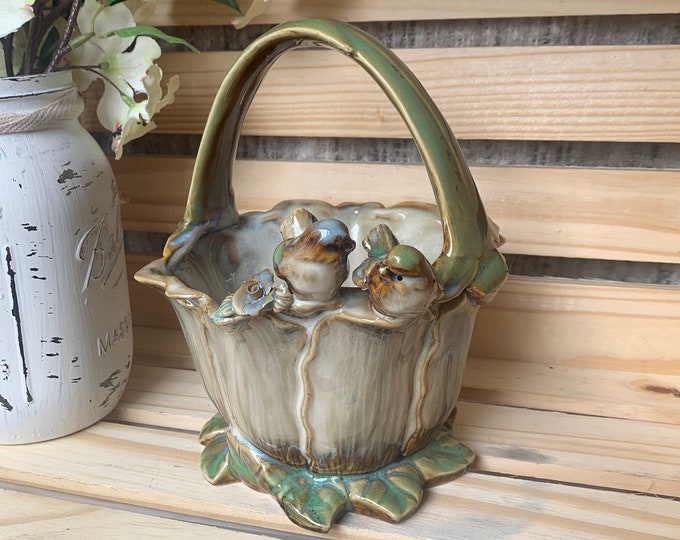 Majolica Blue Birds on Cabbage Leaf Basket With Handle - Etsy