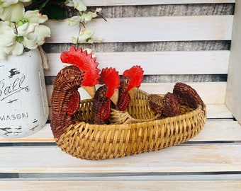 Vintage Large Hen Shaped Basket Wicker Chicken Basket Dark Stained ...