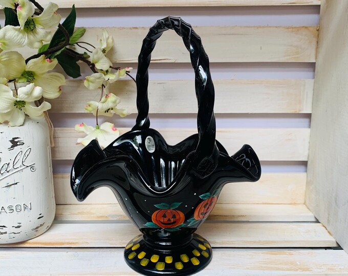Fenton Black Glass Halloween Basket Pumpkins Jack O Lanterns Moon ...