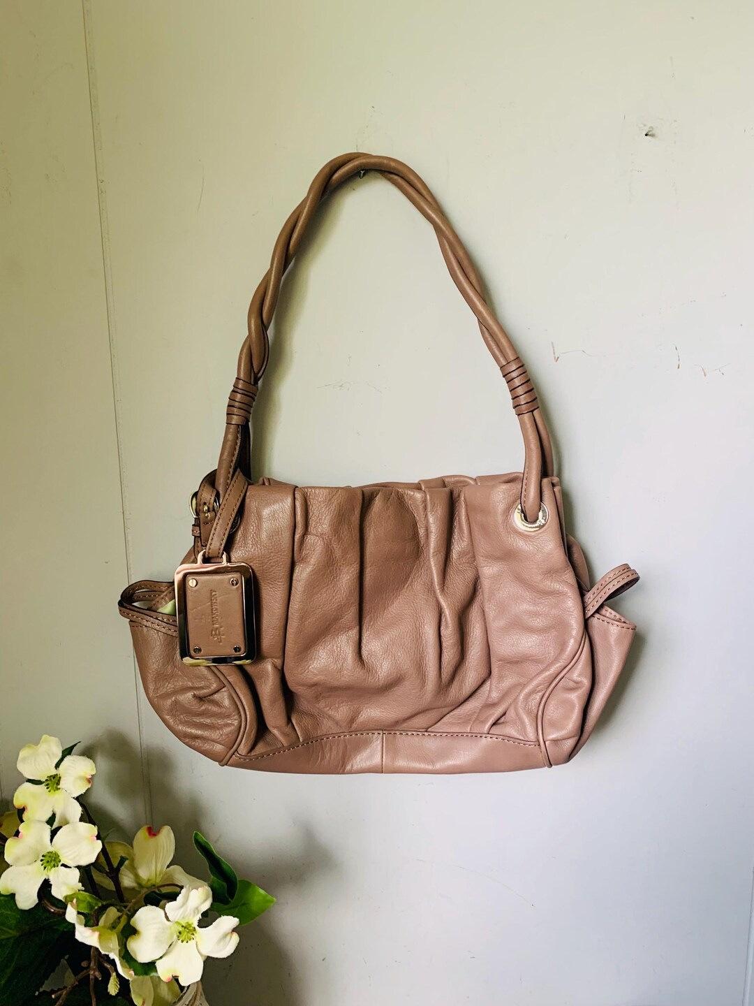 Vintage B. Makowsky Tan Leather Handbag: Braided Handle, Silver ...