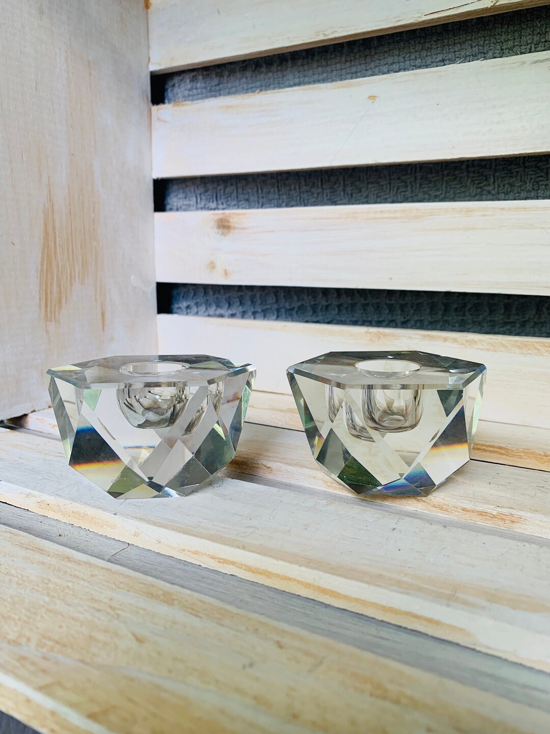 Crystal Multifaceted Candlestick Holders Clear Hexagon Elegant Glass - Etsy