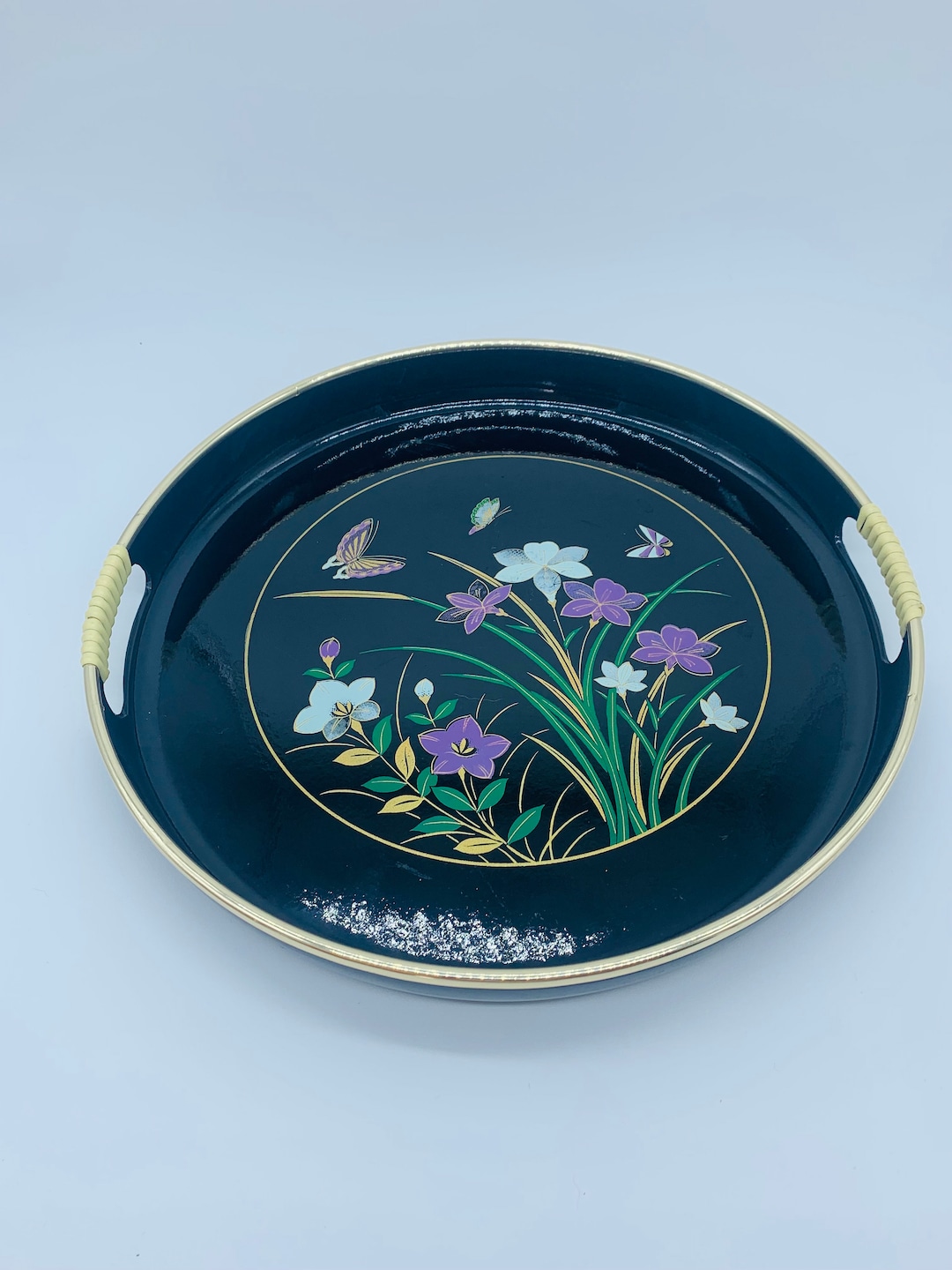 Vintage Lacquerware Round Tray With Handles Black With - Etsy
