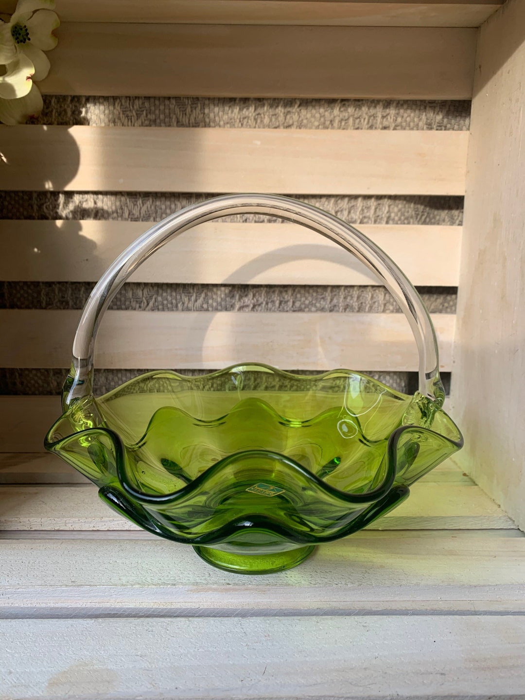 Vintage Viking Epic Green Glass Basket Double Crimp Ruffled Clear ...