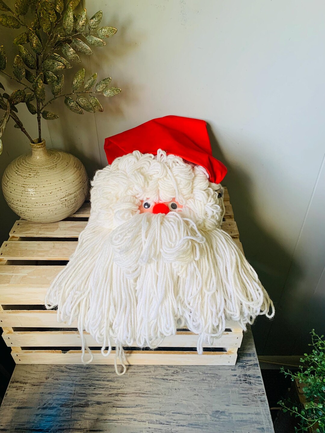 Vintage Homemade Santa Face Red Hat Plastic Container Mop Beard Kitchsy ...