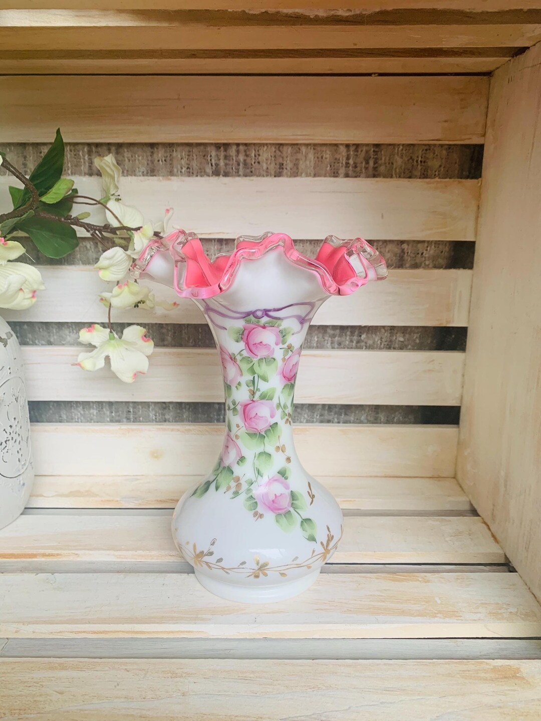 Fenton Charleton Roses Vase Peach Crest Ruffled Edge Deep Pink Color ...