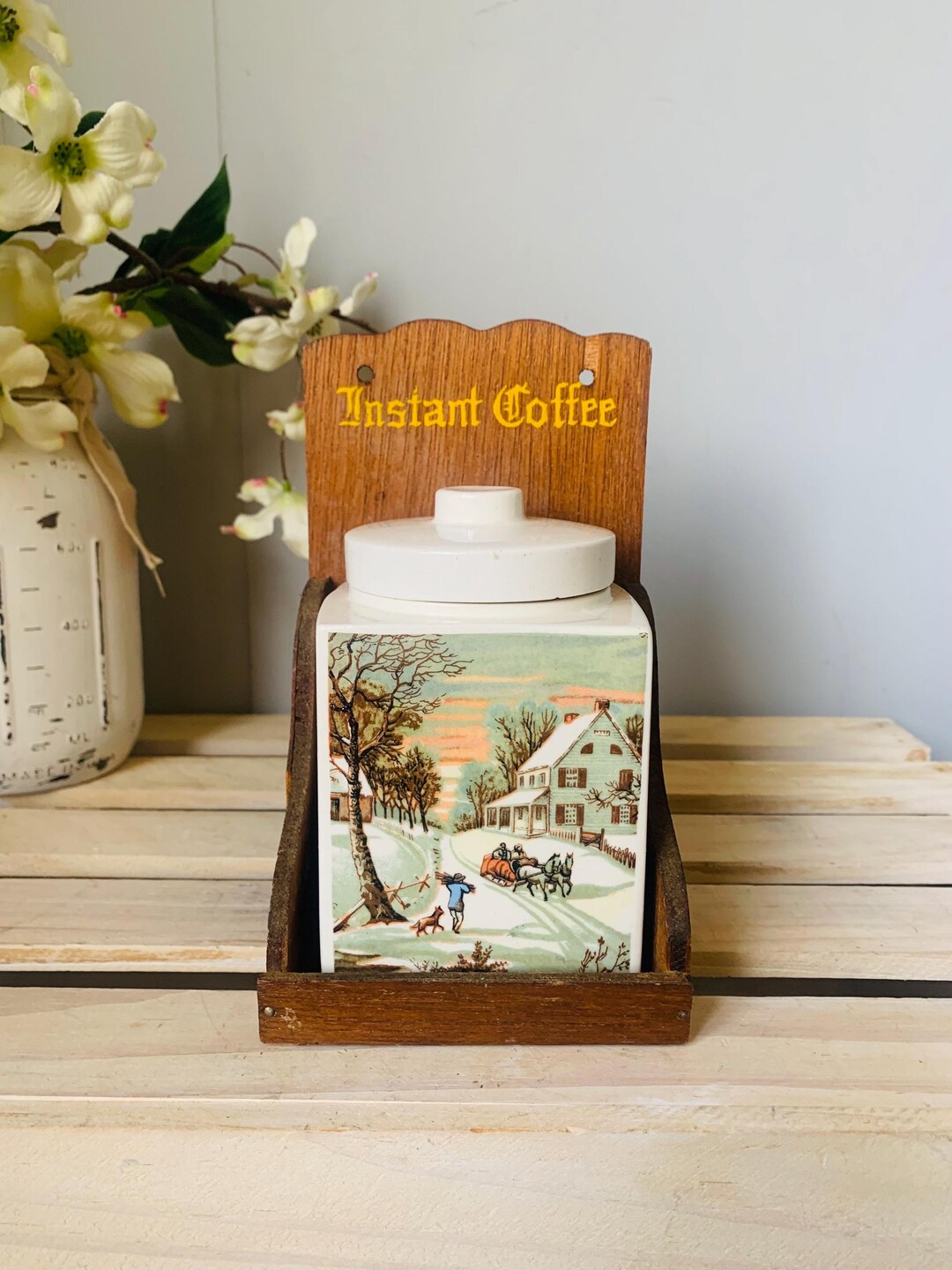 Vintage Ceramic Instant Coffee Canister With Wood Wall Mount Holder ...