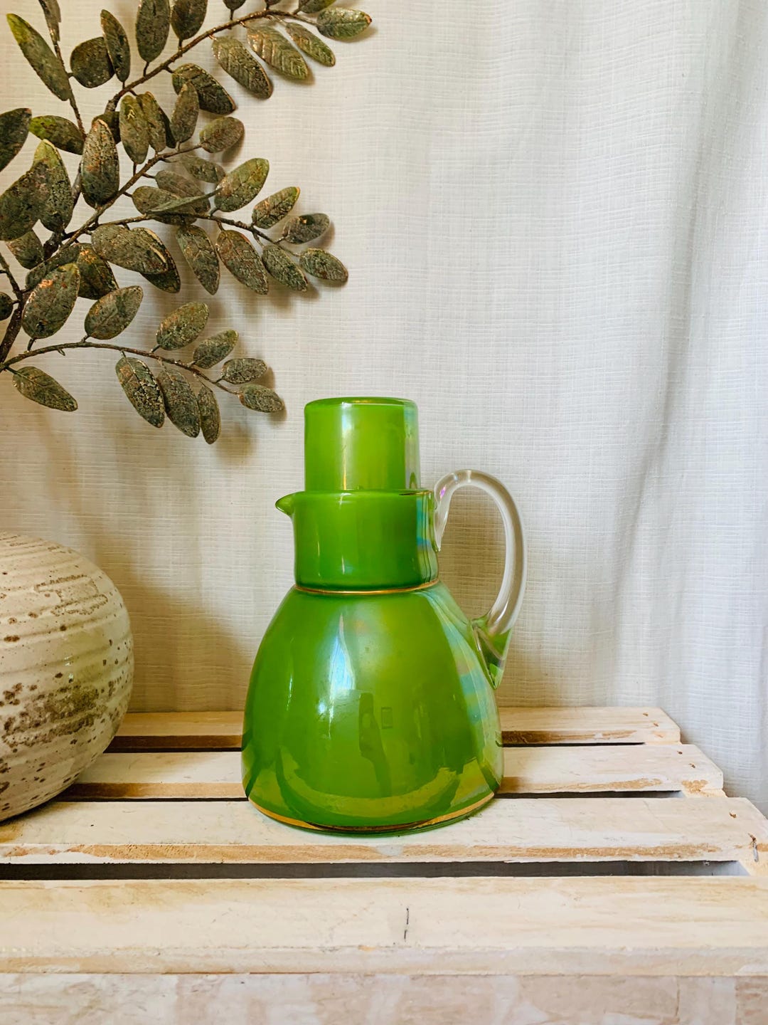 Vintage Lime Green Glass Tumble up Carafe, Iridescent Gold Rim, 1960s ...