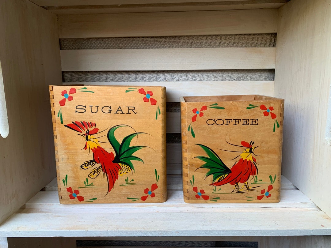 Vintage Canister Set Wood Rooster Sugar Coffee Bins MCM Country ...