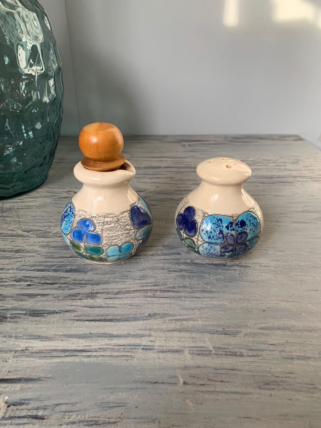 Vintage Eduardo Vega Pottery Salt Shaker & Honey Server: Blue Floral ...