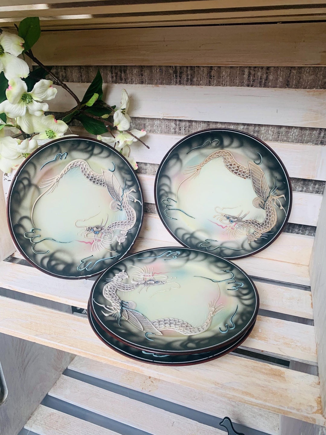 Dragonware Moriage Plates Raised Hand Painted 7 Inch Set of 4 Vintage ...