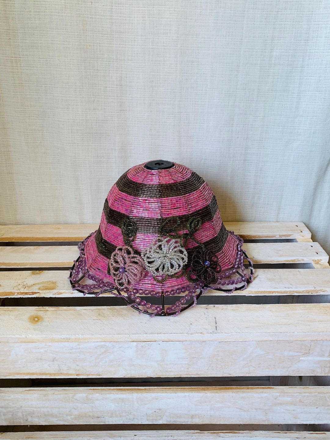 Vintage Beaded Lamp Shade Flapper Hat Style Pink Purple Floral Brim - Etsy