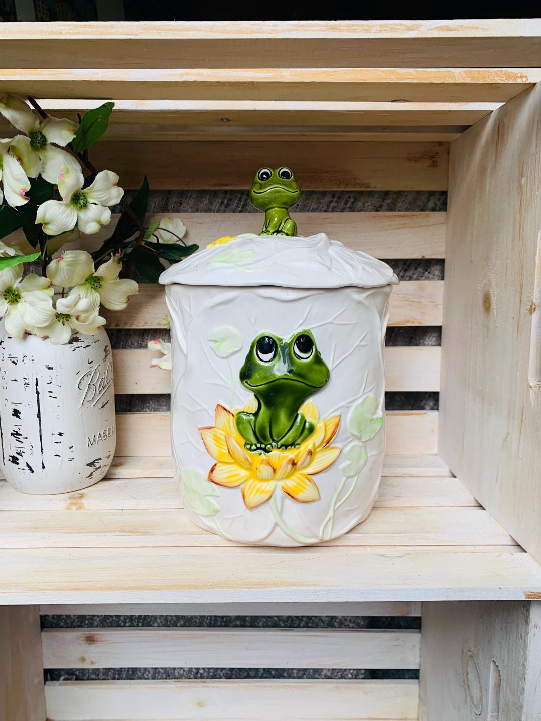 Vintage Sears Neil the Frog Canister Lily Pad Cute Frog Cookie Jar 10 1 ...