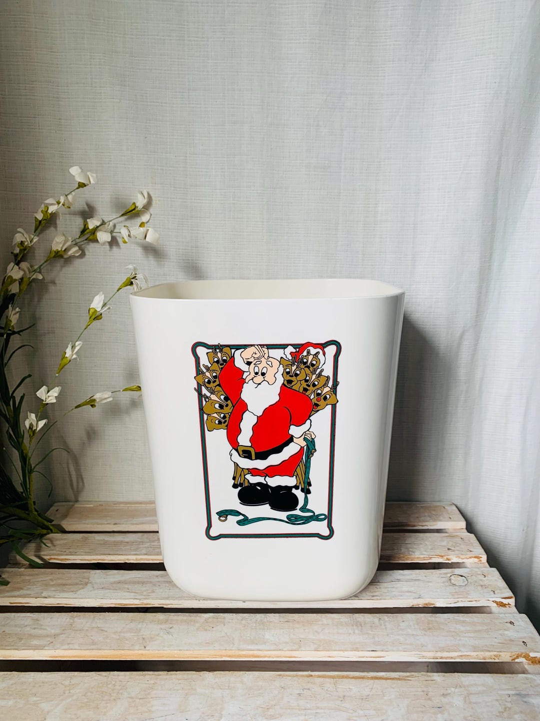 Vintage Santa & Reindeer Waste Basket Funny Santa Trash Can Christmas ...