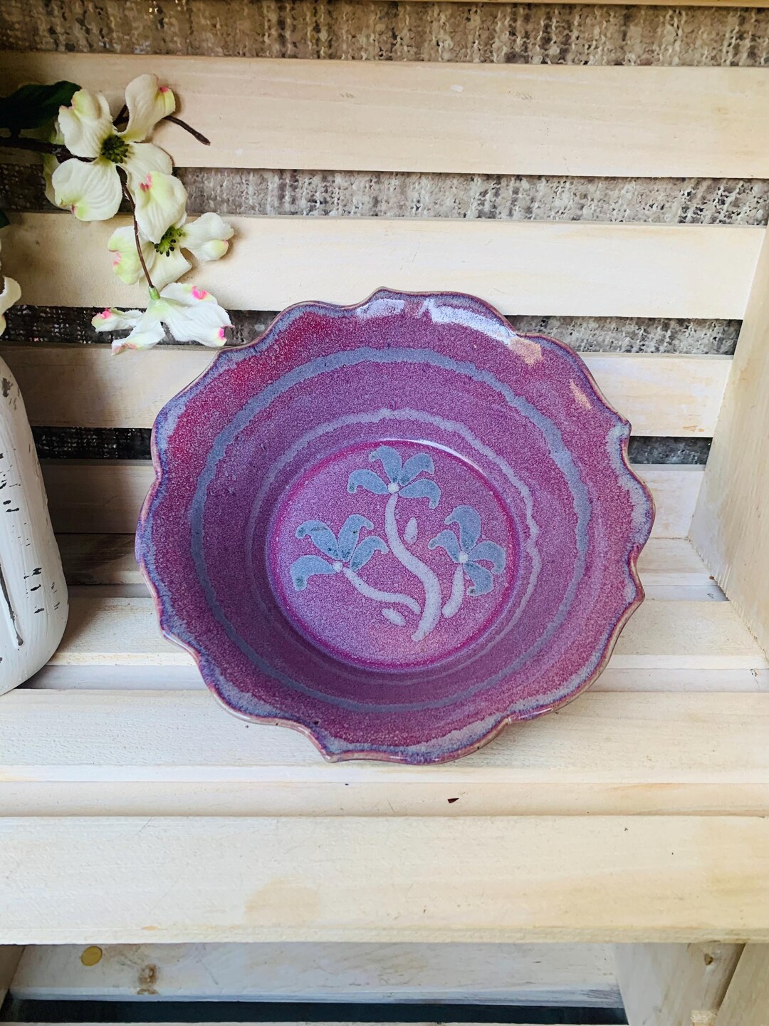 Bay Pottery Bowl 8 Inches Purple Blue Flowers Ruffled Edgevirginia ...