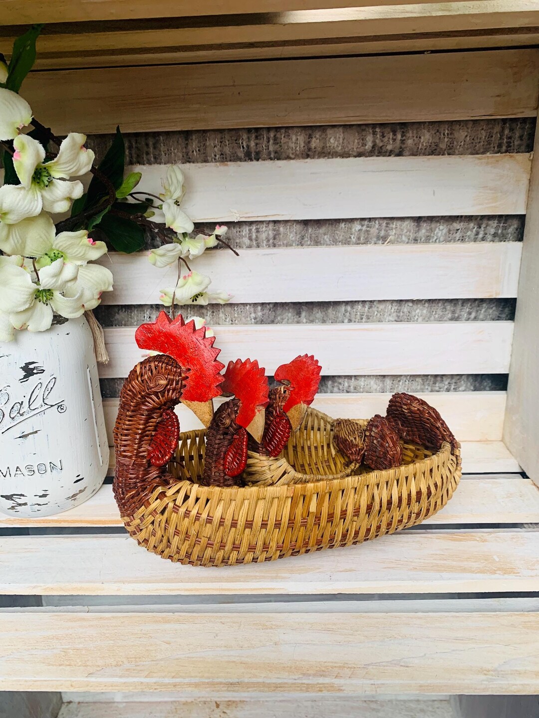 Vintage Wicker Rooster Baskets Set of 3 Stacking Nesting Hen Chicken ...