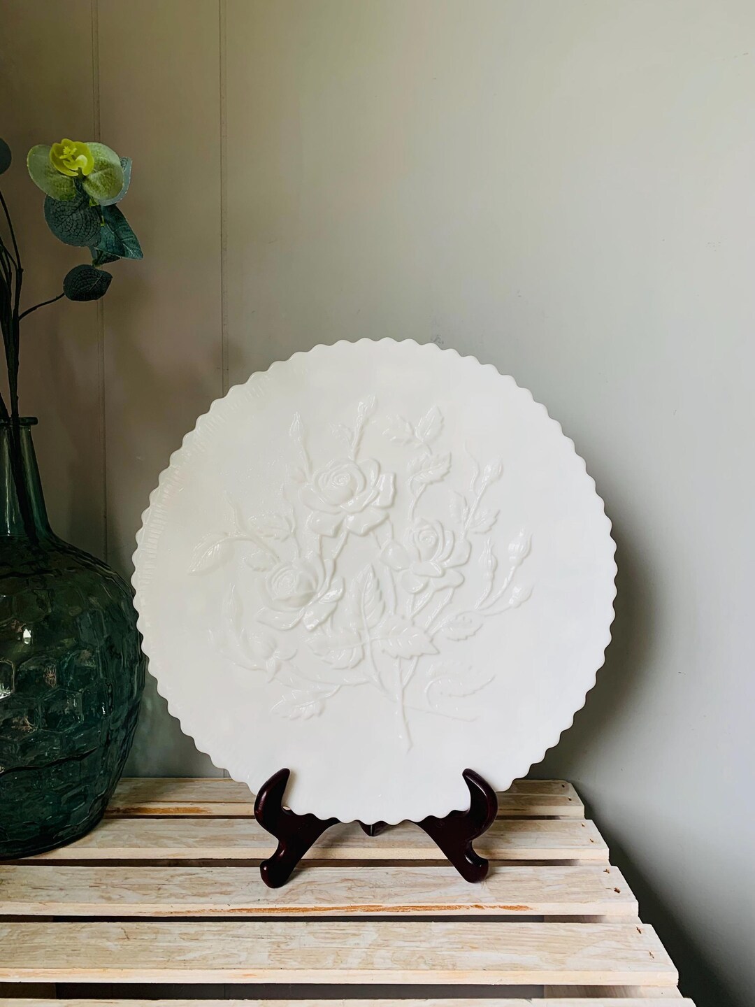 Vintage Imperial Milk Glass 3 Roses Embossed Torte Plate Low Footed ...