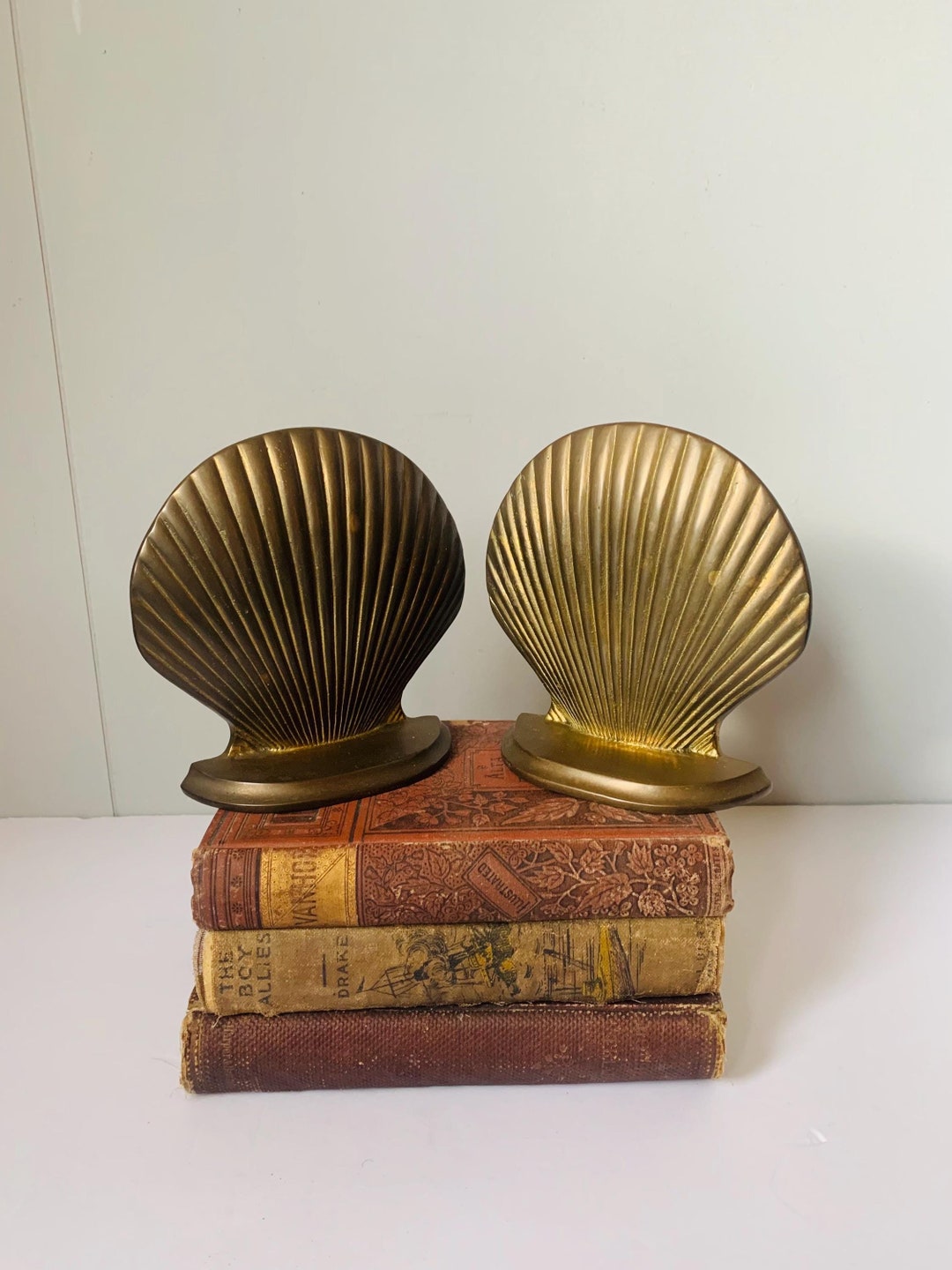 Vintage Solid Brass Bookends Pair of Scallop Sea Shell Beach Nautical ...