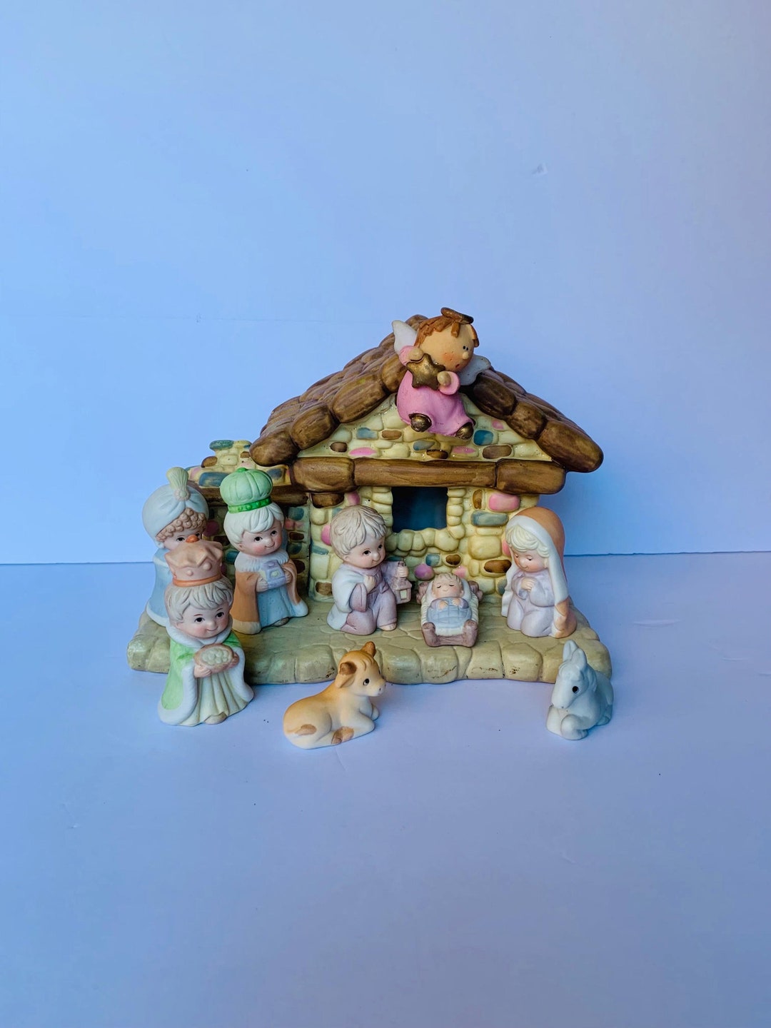 Vintage Nativity Set 9 Pieces Christmas Display Bumpkins Ceramic Manger ...