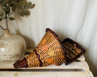 Vintage Wicker Cornucopia Horn Basket With Handle - Thanksgiving Fall ...