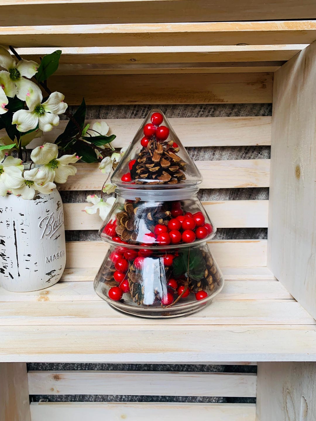 Anchor Hocking Glass Christmas Tree Canister Filled With Pine Cones and ...