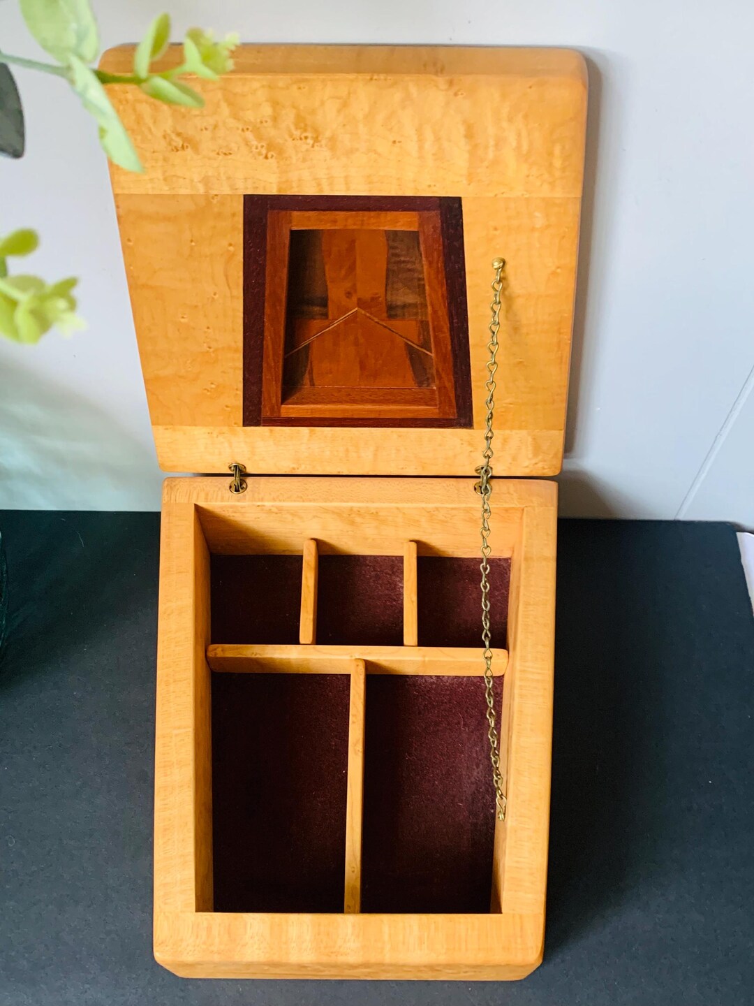 Vintage Wood Box Inlaid Folk Art Jewelry Storage Hinged Keepsake Box ...