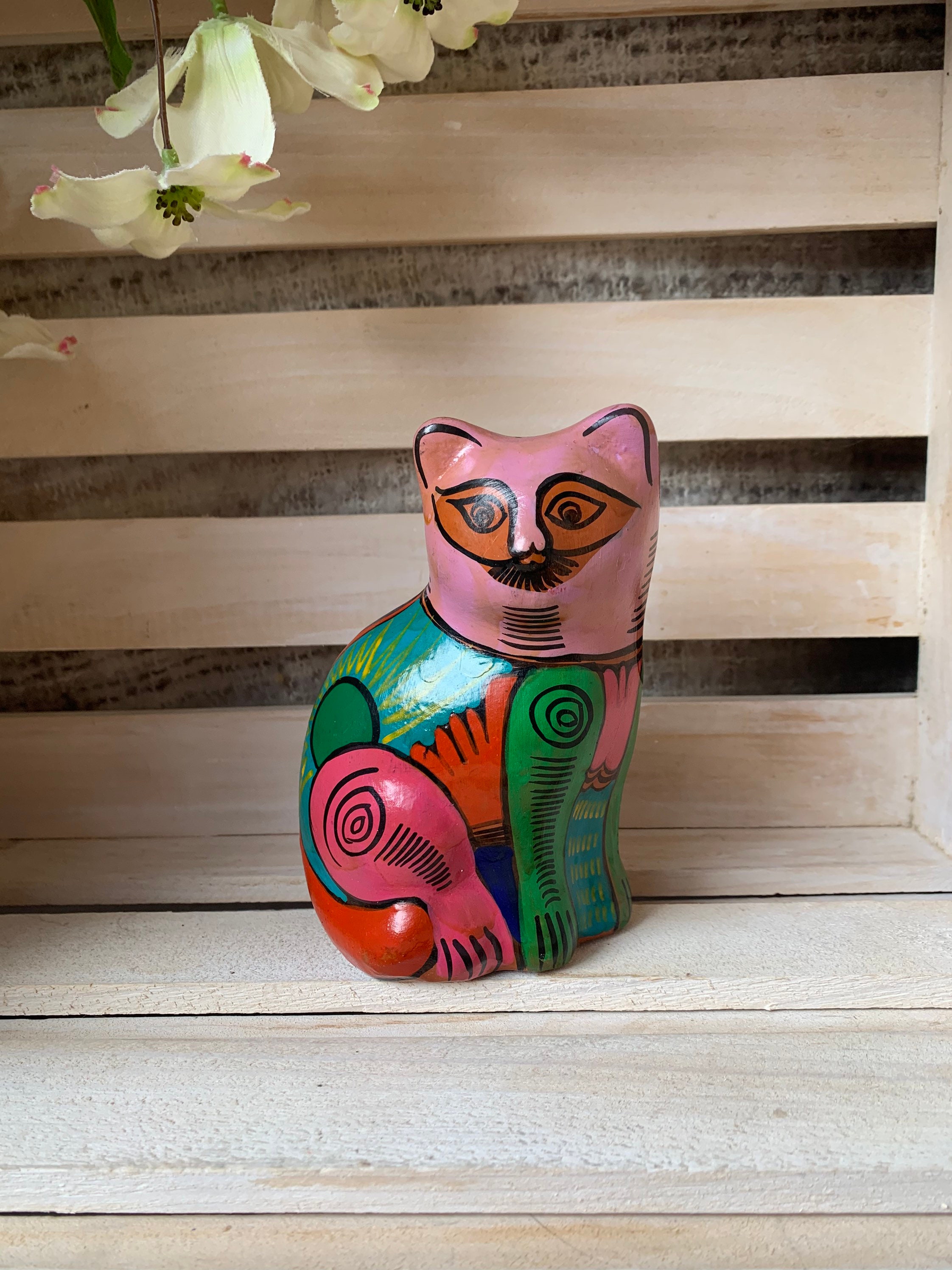 Home Décor Home & Living Colorful Cat Statue Cat Figure Signed Folk Art ...