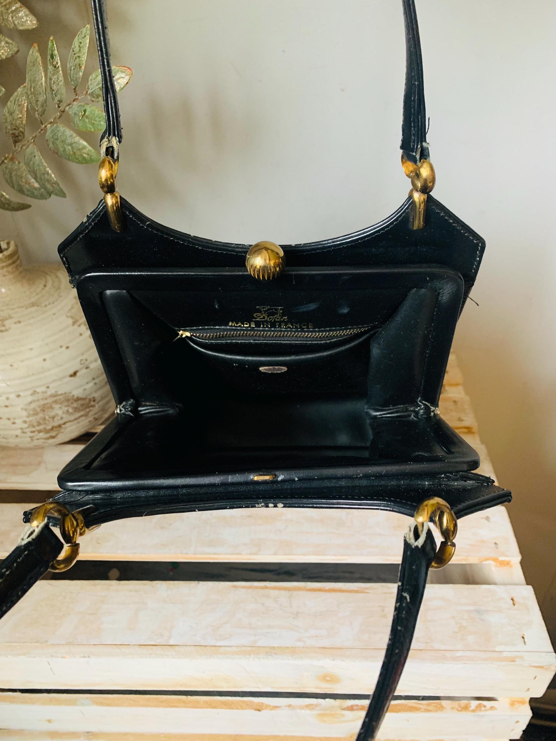 Vintage Dofan Black Leather Handbag Made in France Snap Closure Gold ...