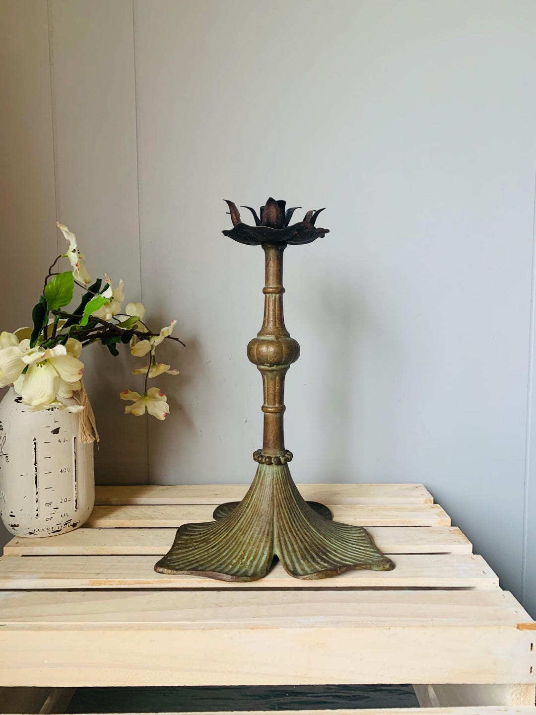 Art Nouveau Candle Holder Great Patina Flared Base Flower Design 13” - Etsy