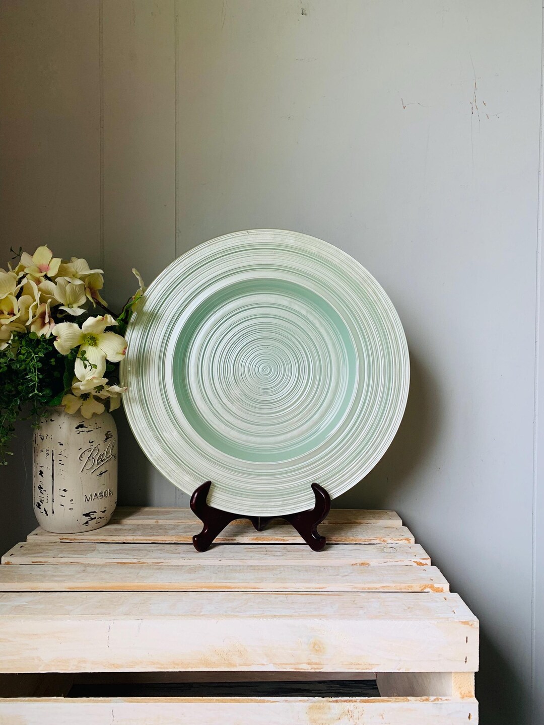 Aqua Green Spiral Glass Charger Plate Pearlescent Shimmery Cake Plate ...