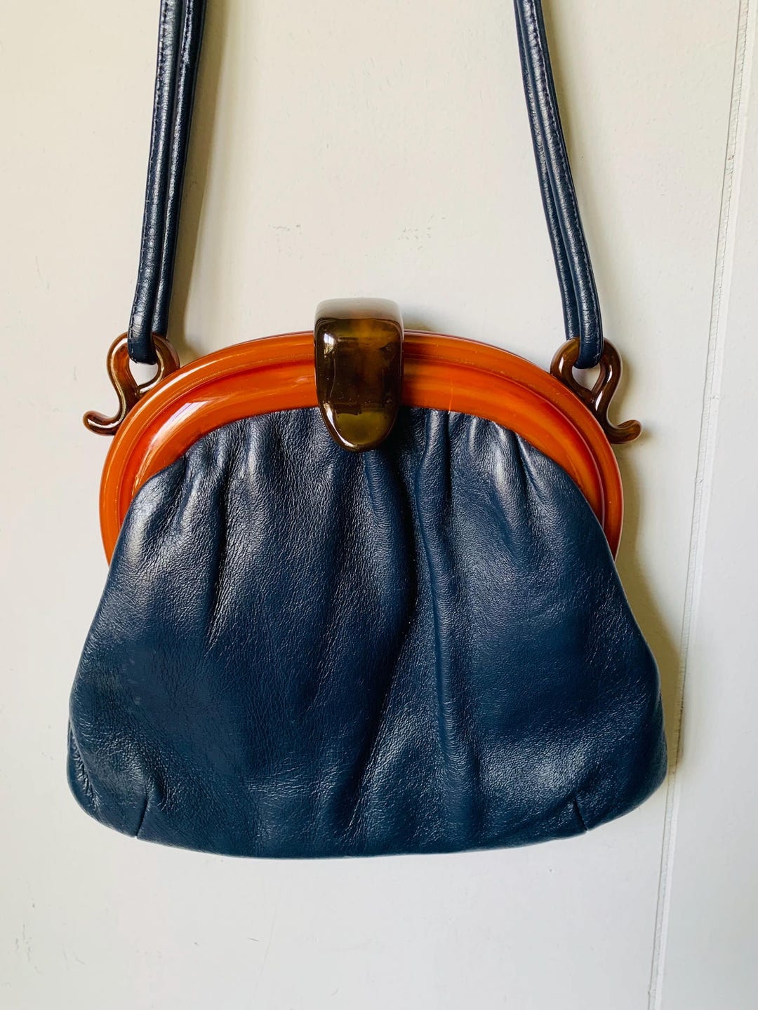 Vintage Ande’ Navy Blue Purse Bakelite Lucite Frame & Closure Soft ...