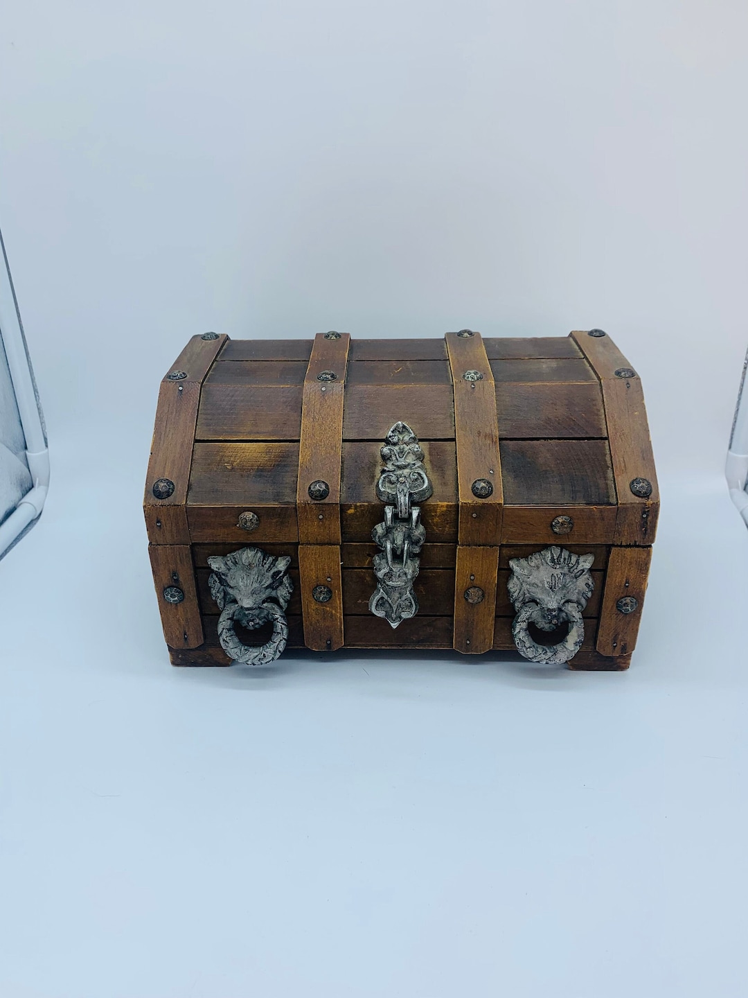 Vintage Treasure Chest Jewelry Box Pirates Chest Lions Metal Hardware ...