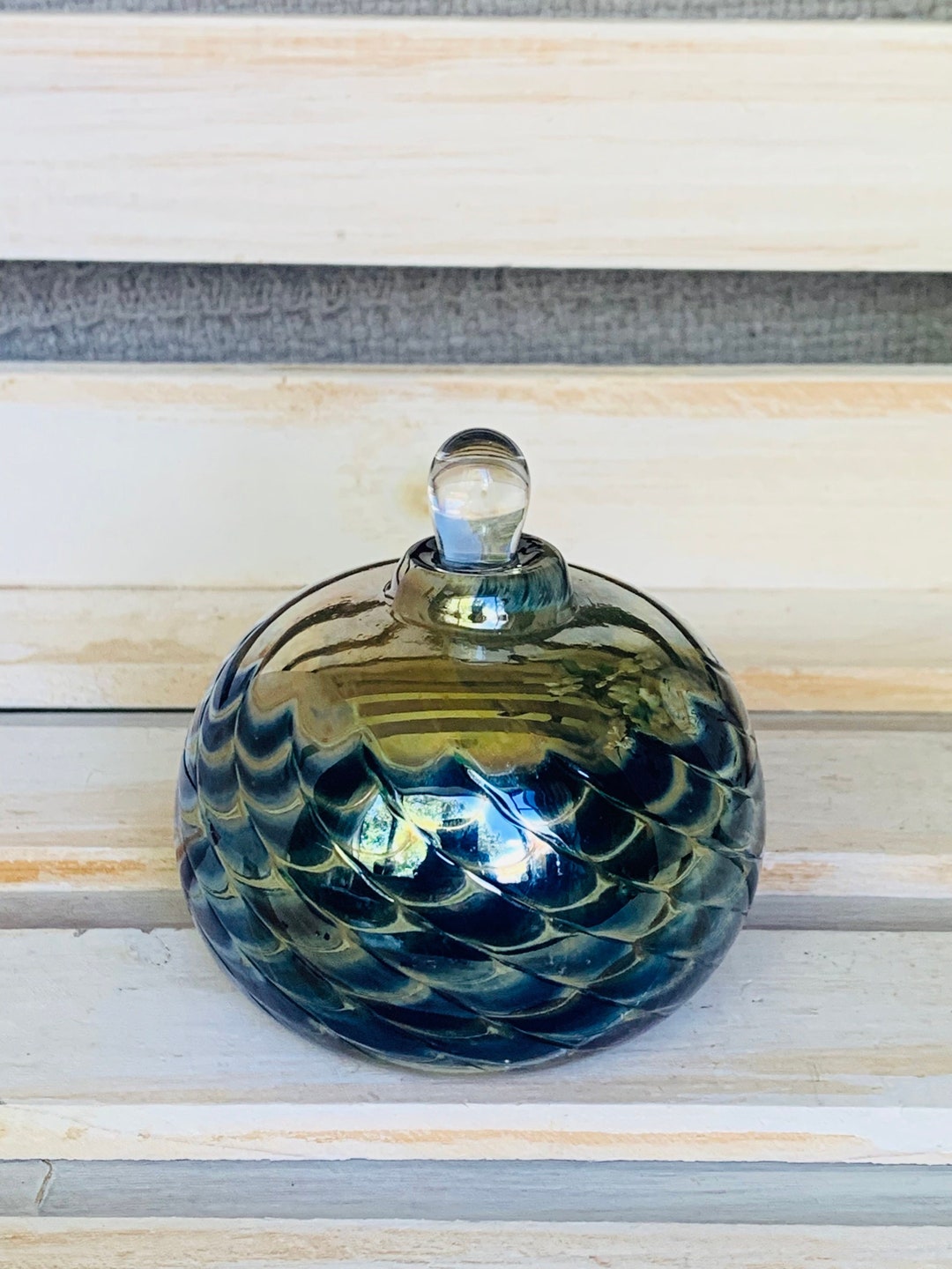 Stephen Fellerman Art Glass Perfume Bottle Blue Pulled Loop Iridescent ...