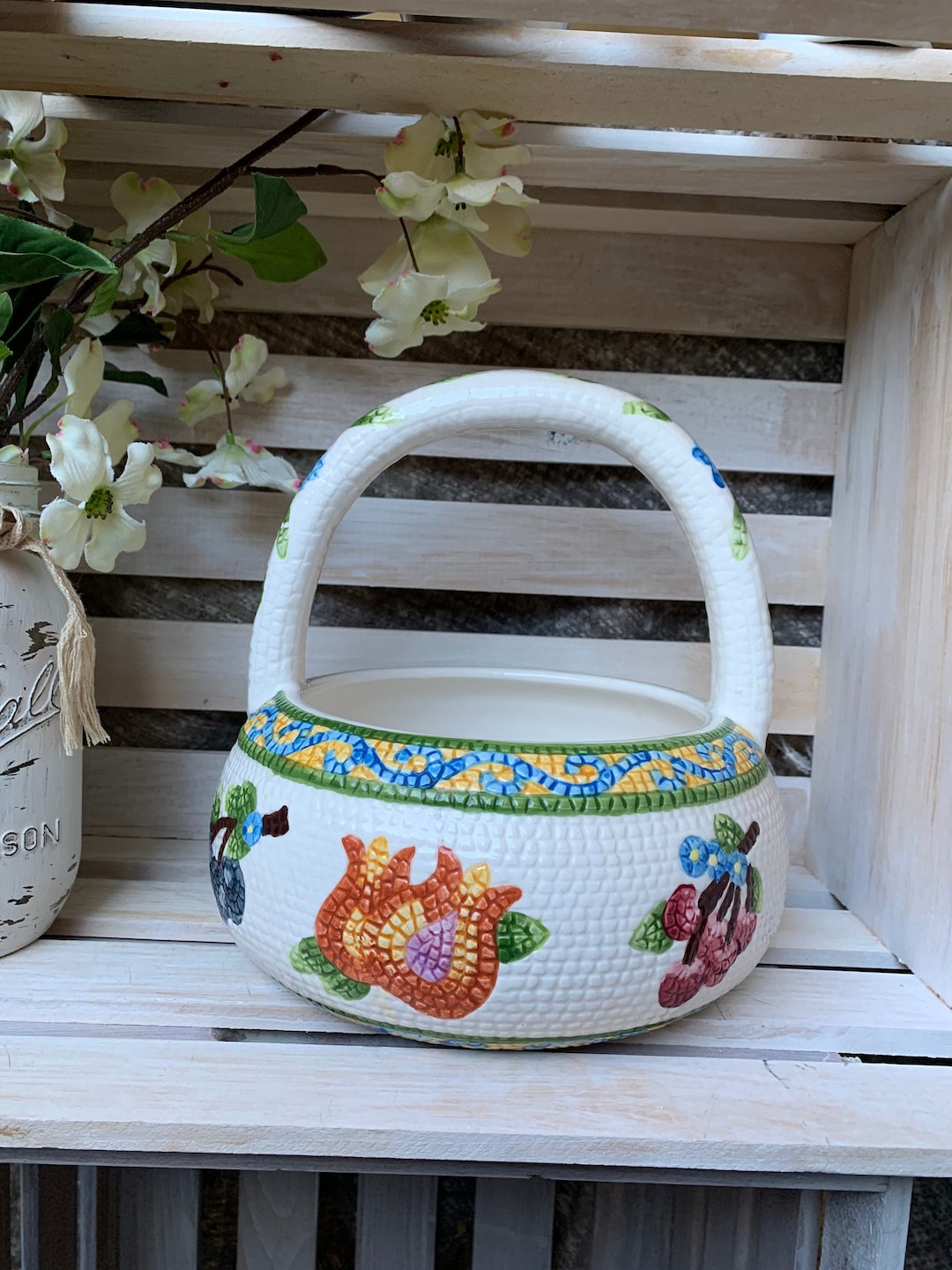 Vintage Ceramic Basket With Handle Quilted Texture White Bowl Embossed ...