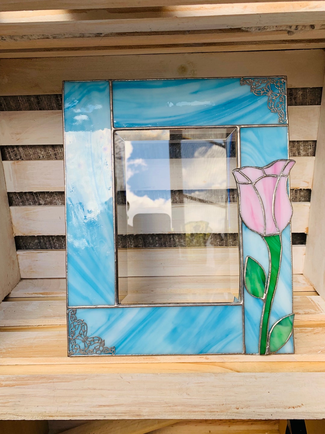 Stained Glass Home Decor Blue Slag Glass Beveled Glass Silver Metal ...
