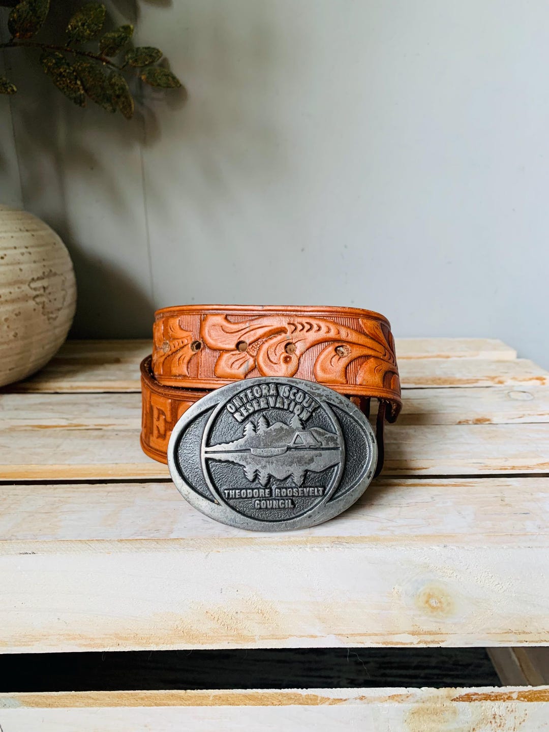 Onteora Scout Reservation Belt Buckle & Hand Tooled Leather Belt ...