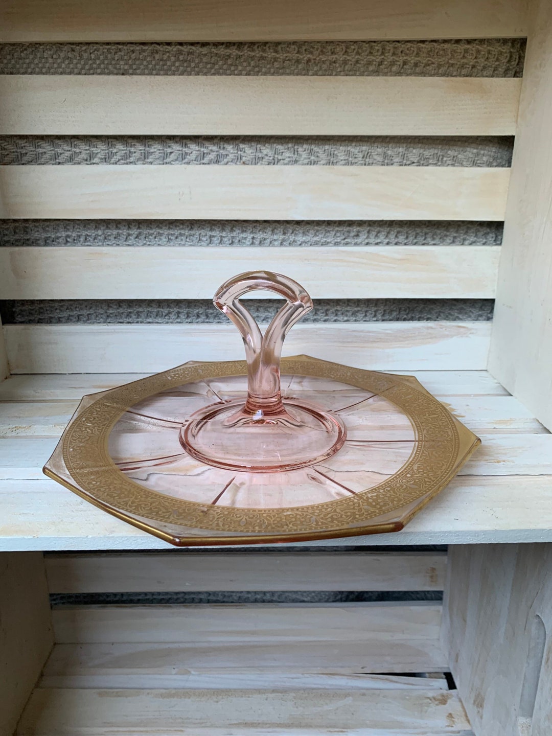 Pink Tiffin Tidbit Tray Rambler Rose Depression Glass With Handle Gold ...