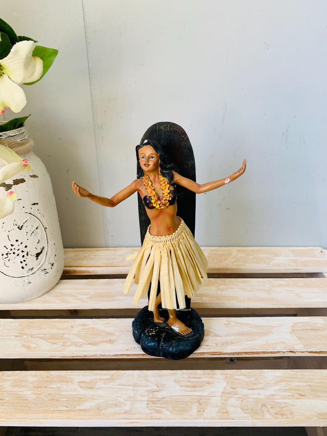Vintage Hula Girl Dancer With Surfboard Hawaiian Skirt Dashboard ...