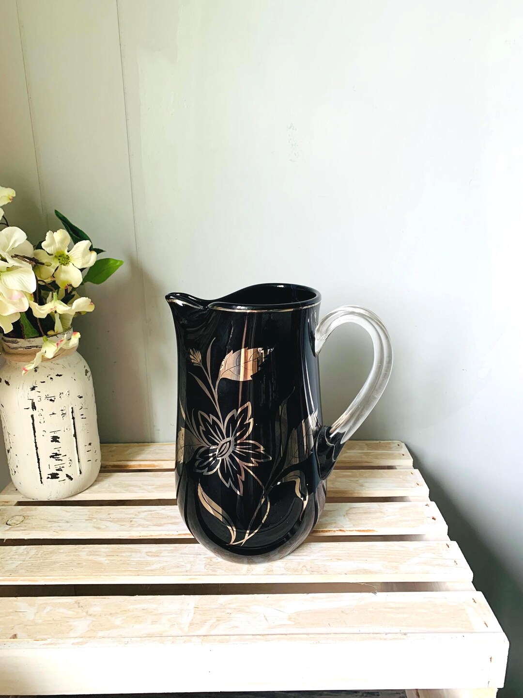 Vintage Black Glass Pitcher Silver Floral Overlay Elegant Glassware - Etsy