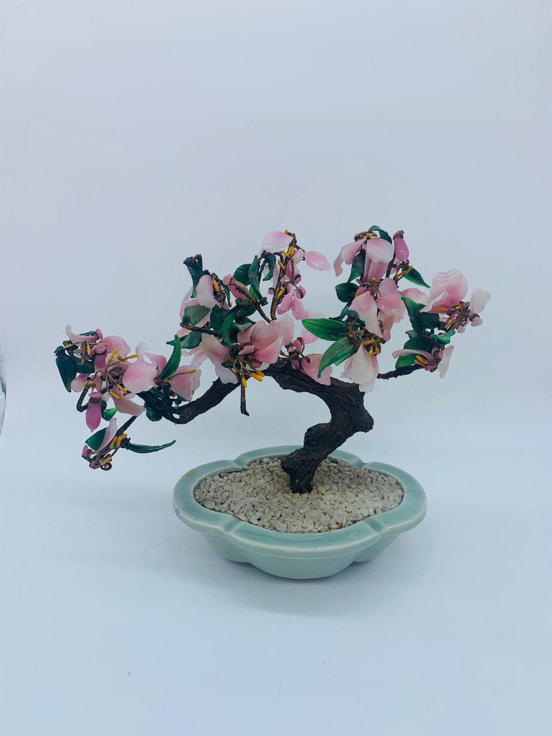 Cherry Blossoms Bonsai Glass Jade Tree Celadon Oval Base Feng Shui ...