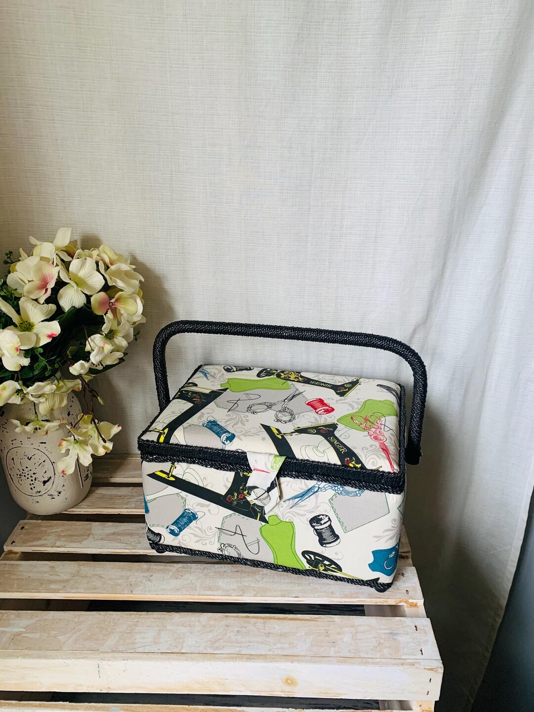 Vintage Singer Sewing Box With Tray Cloth Padded 80s Craft Storage With ...